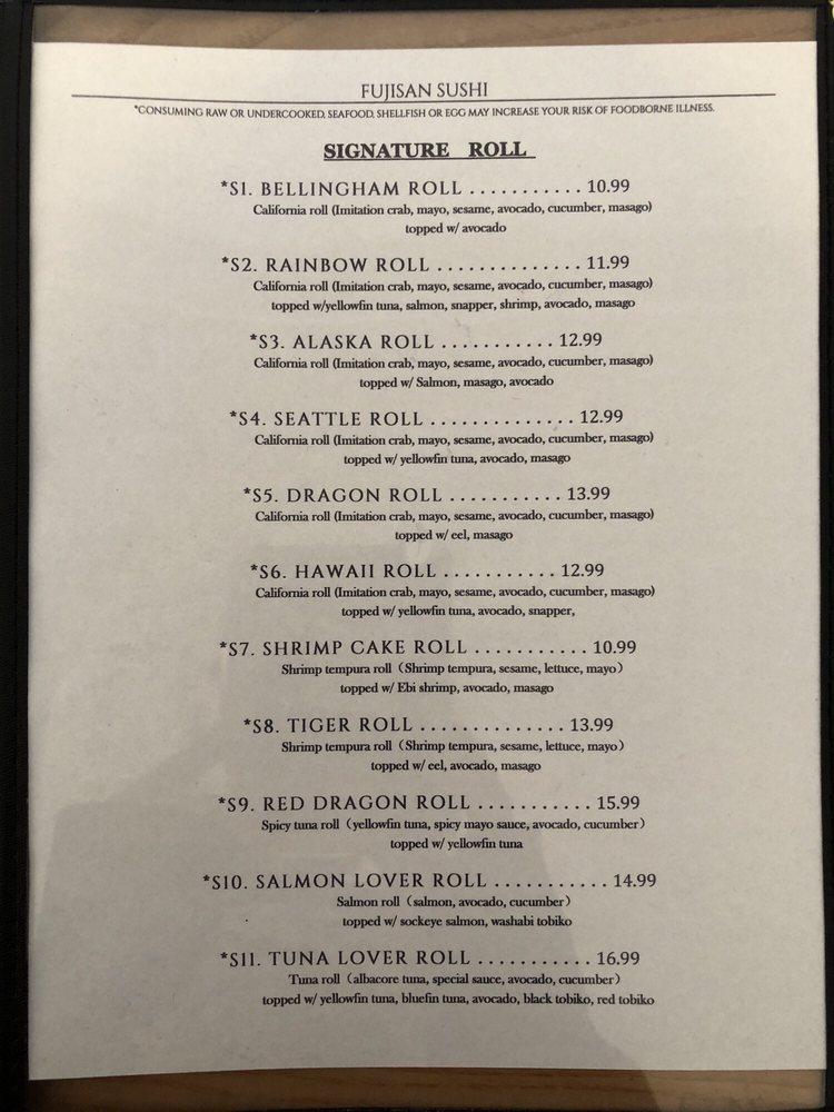 Menu at Fujisan Sushi restaurant, Bellingham