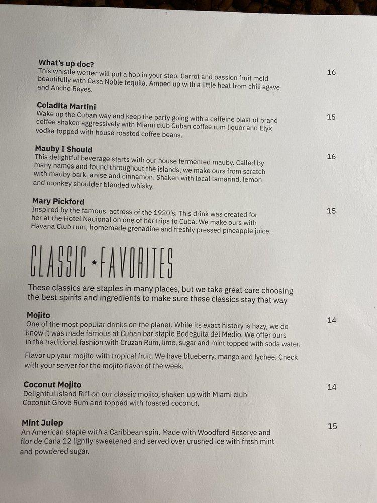 Menu at Kuba Cabana restaurant, Doral