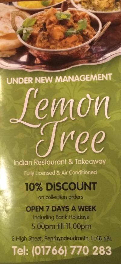 Menu at Lemon Tree restaurant, Penrhyndeudraeth