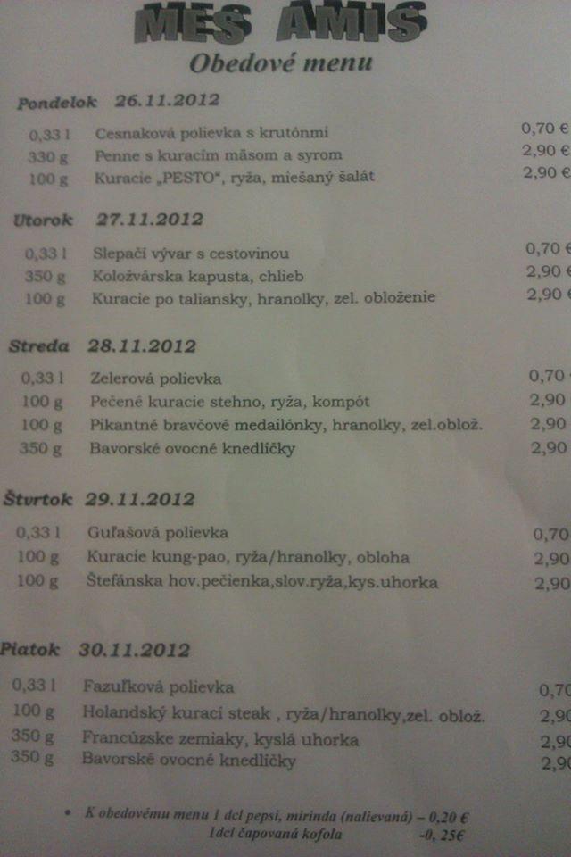 Menu at Mes Amis restaurant, Prešov