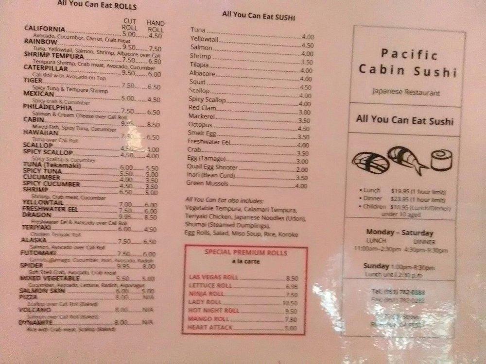 Menu at Pacific Cabin Sushi restaurant, Riverside