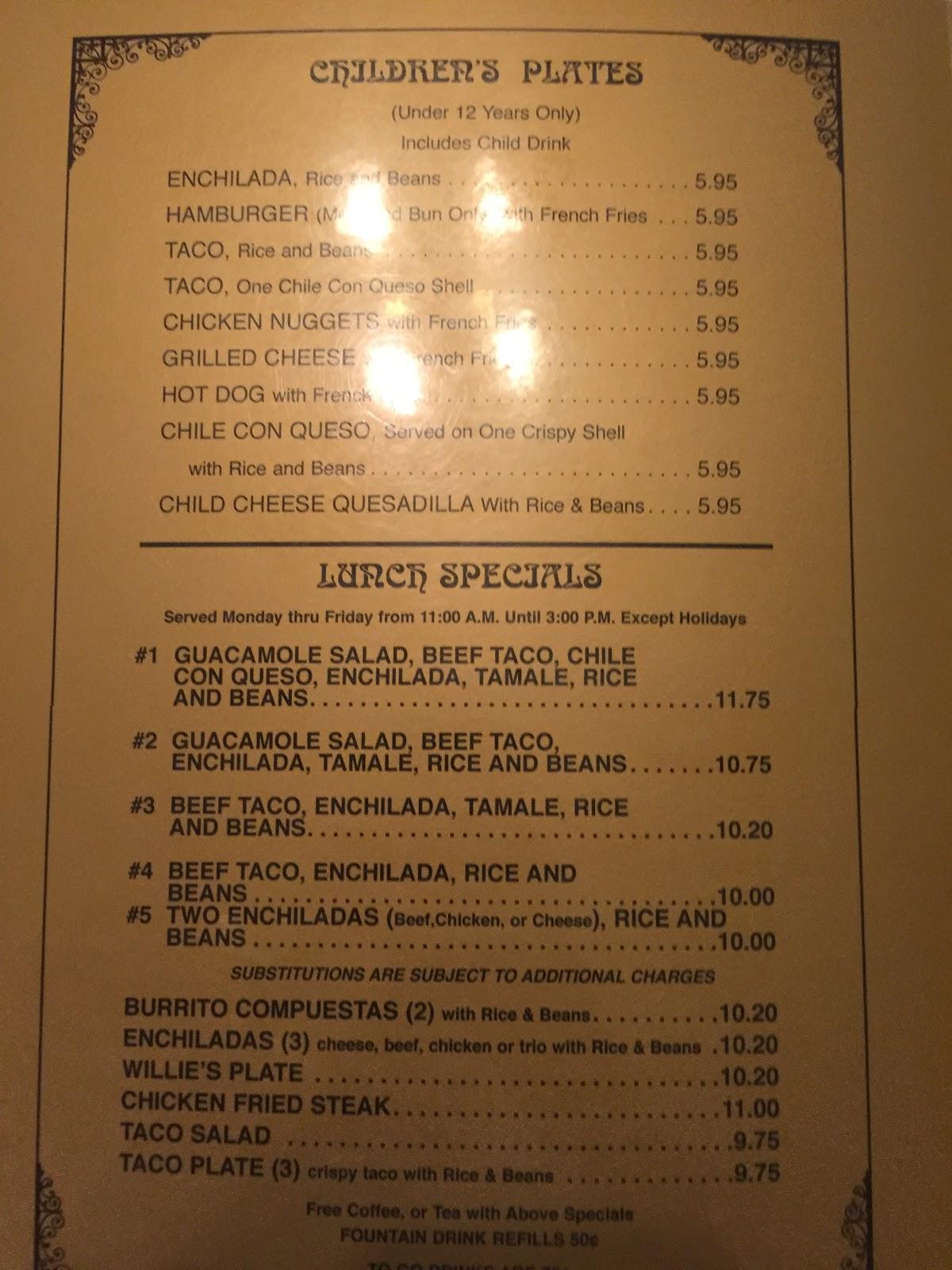 Menu at Rosie's Tamale House restaurant, Bee Cave, State Hwy 71