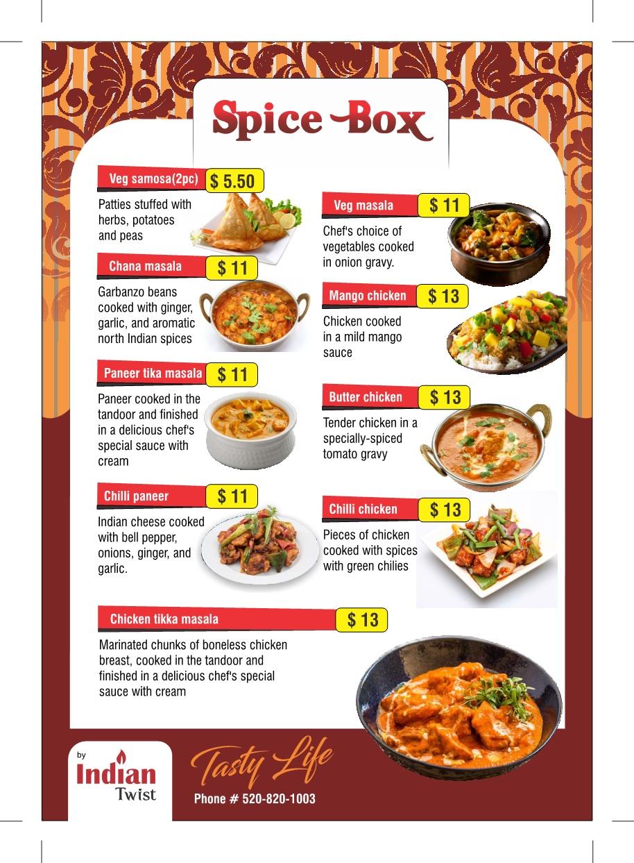 Menu at Spice Box restaurant, Tucson