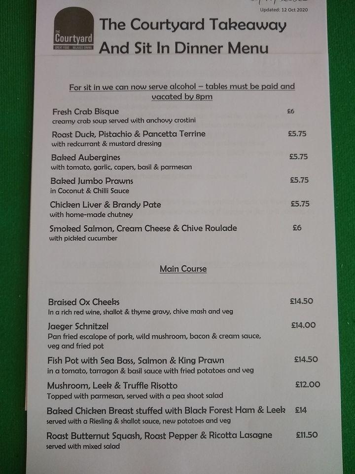 Menu at The Courtyard restaurant, Cupar