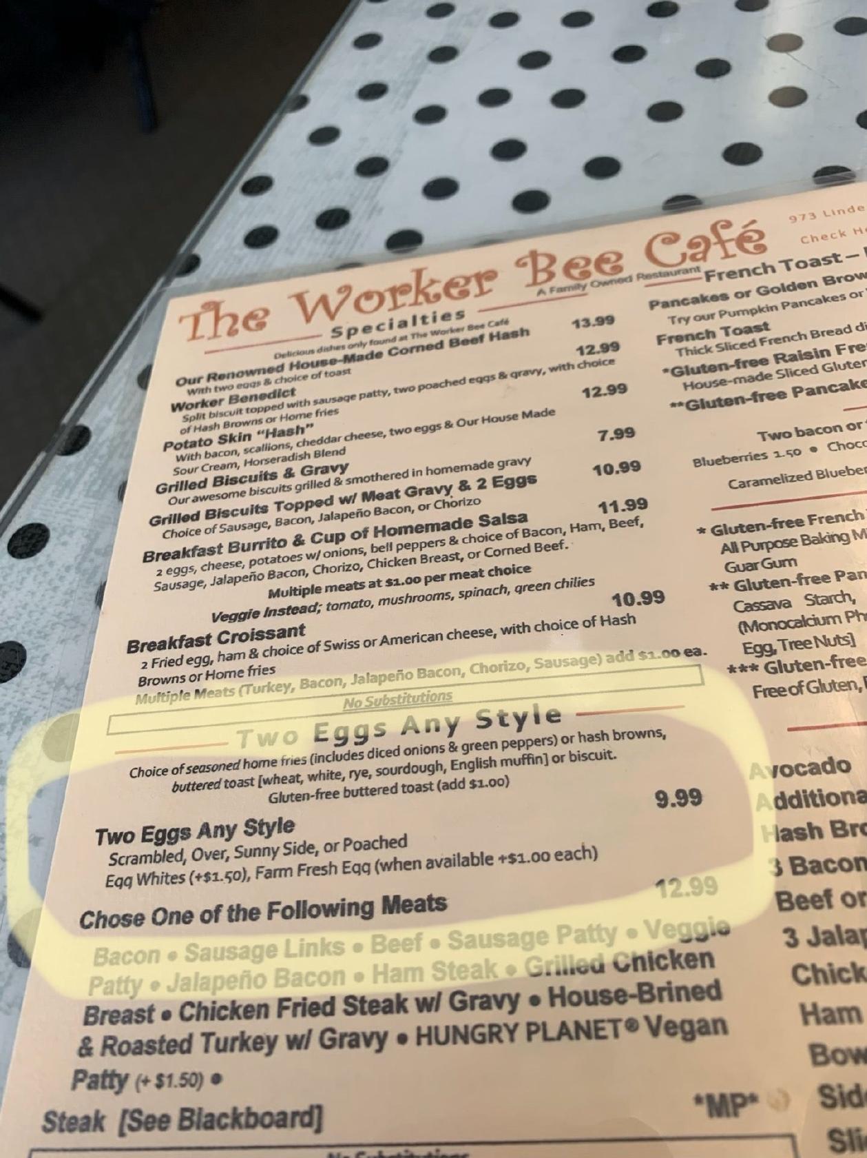 Menu at The Worker Bee Café restaurant, Carpinteria