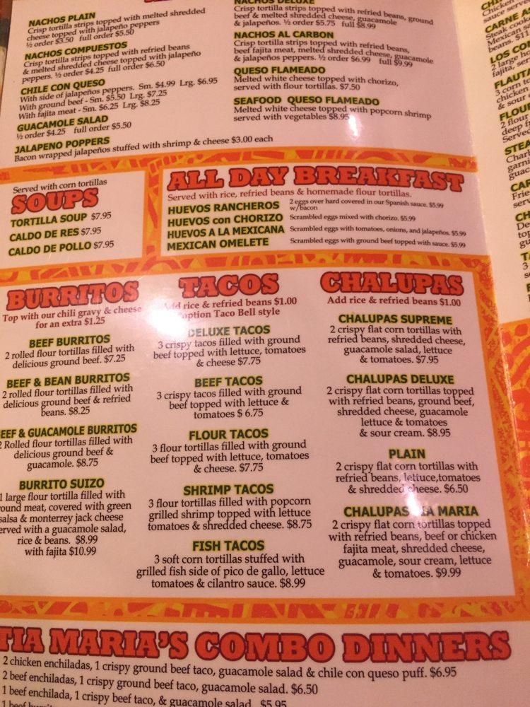 Menu at Tia Maria's restaurant, Houston, Dacoma St