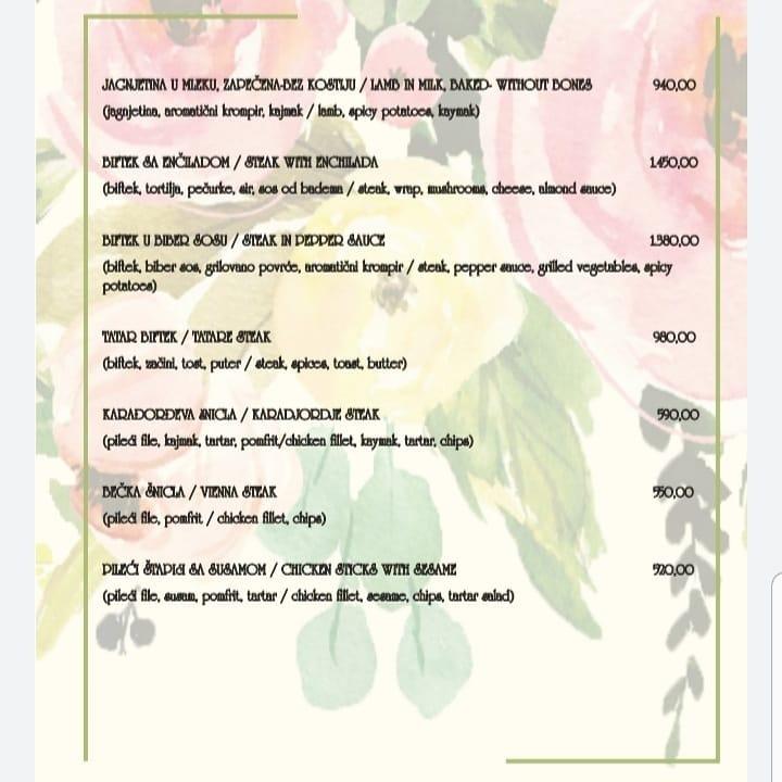 Menu at Tiffany restaurant, Vrbas, BB PALIH BORACA