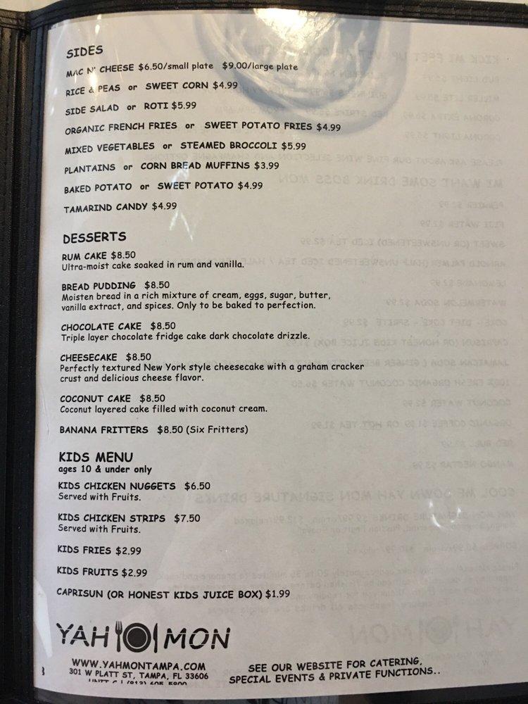 Menu at Yah Mon Caribbean Restaurant, Tampa