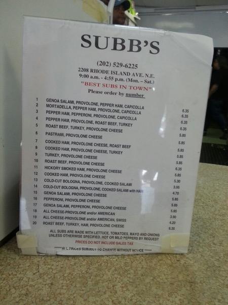 Menu at Subbs by Carl restaurant, Washington