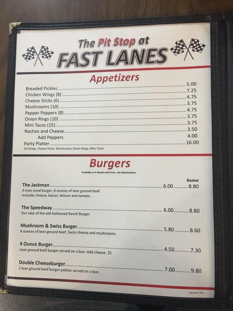 Menu at Fast Lanes & Pit Stop Restaurant, Hoopeston