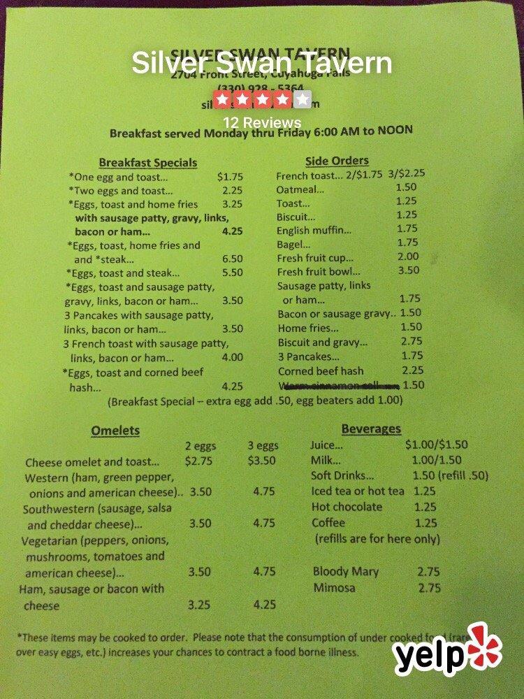 Menu at Silver Swan Tavern pub & bar, Cuyahoga Falls, 2704 Front St