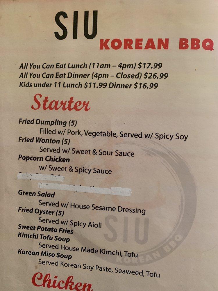Menu at Siu Korean BBQ, Sparks