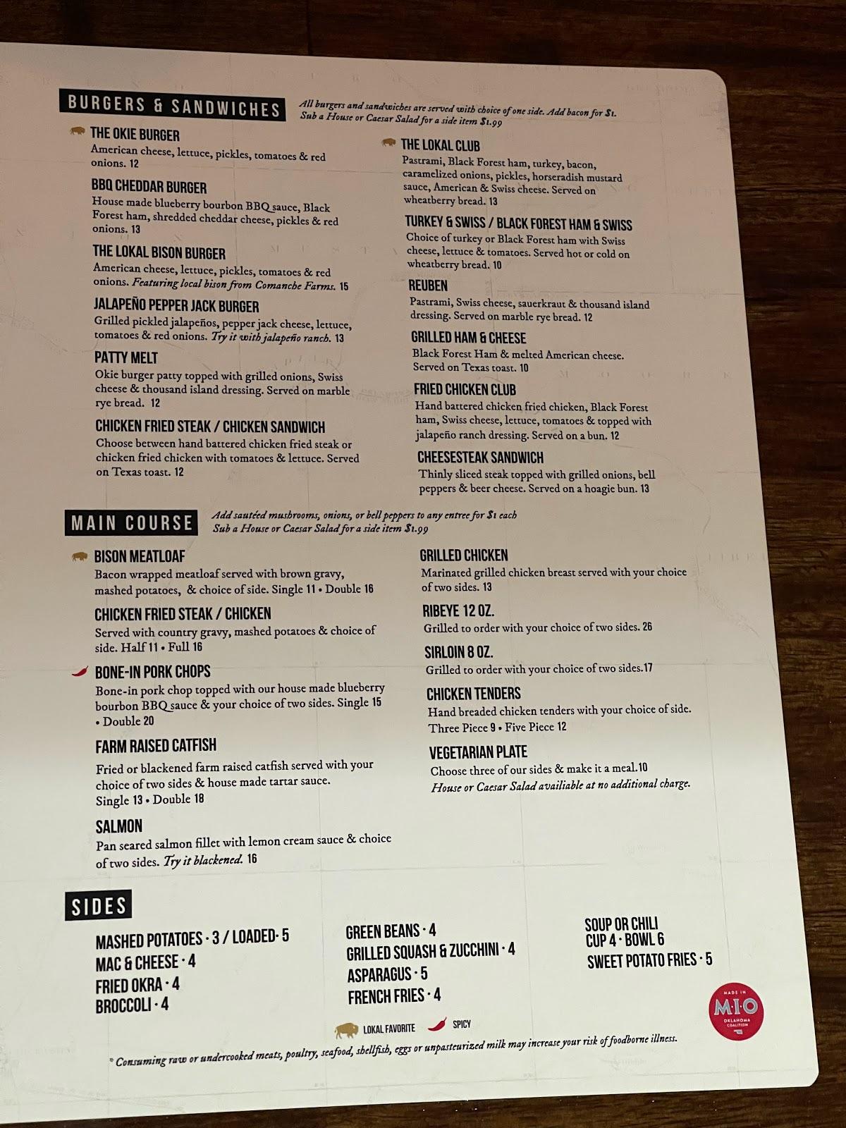 Menu at The Lokal Mustang pub & bar, Mustang