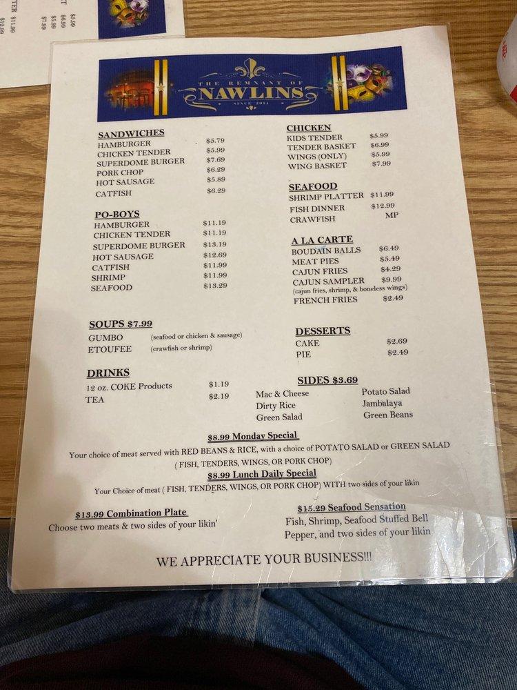 Menu at The Remnant Of Nawlins restaurant, Bryan