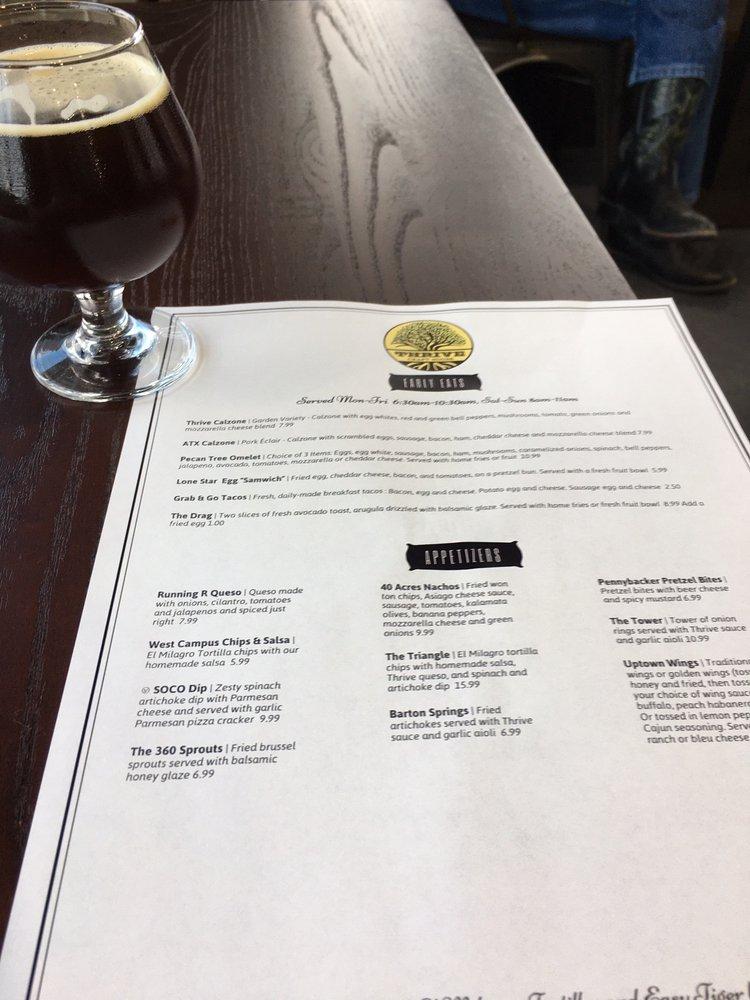 Menu at Thrive Craft House restaurant, Austin