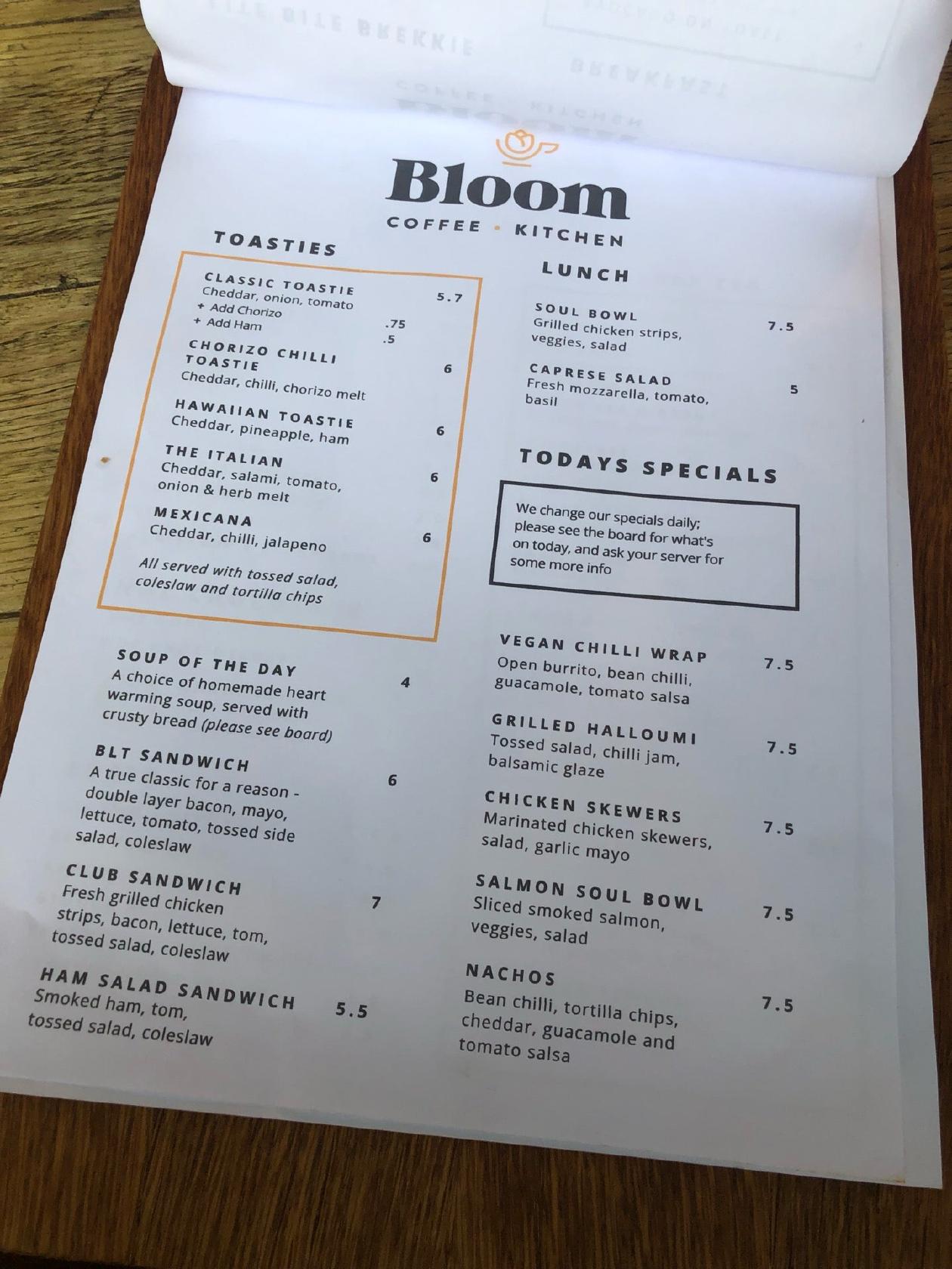 Menu at Bloom Coffee Kitchen cafe, Troon