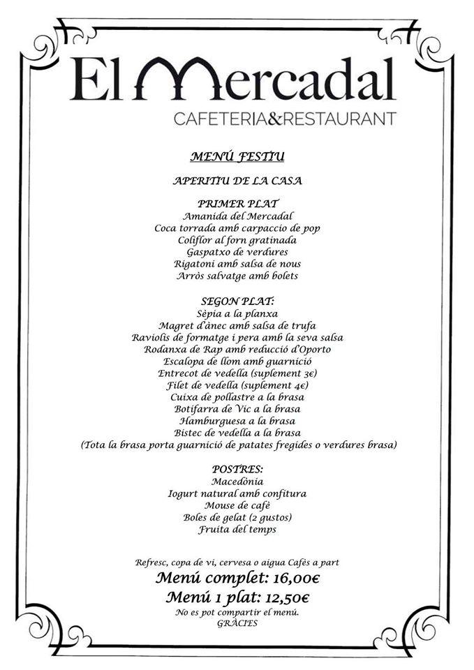 Menu at El Mercadal restaurant, Vic