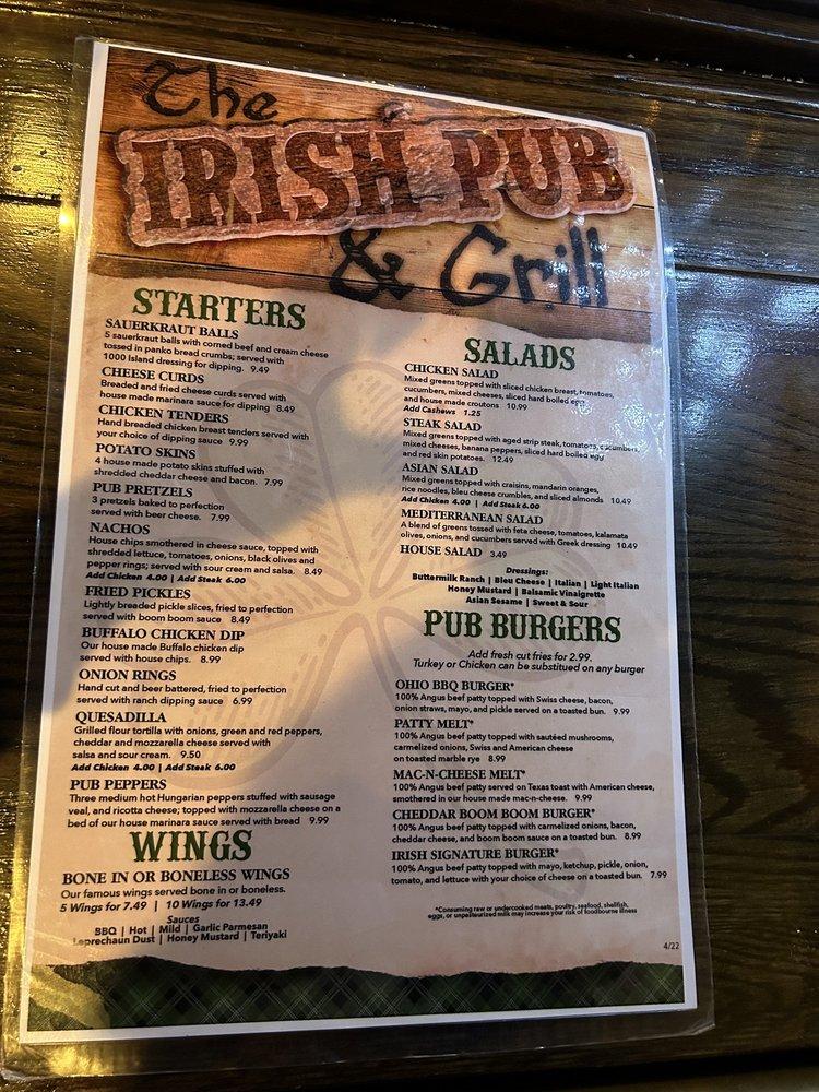 Menu at Irish Pub & Grill, Massillon