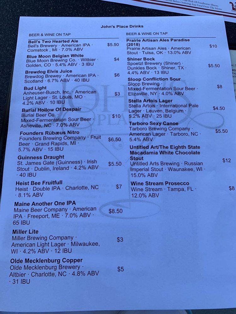 Menu at John's Place pub & bar, Matthews, Matthews Weddington Rd