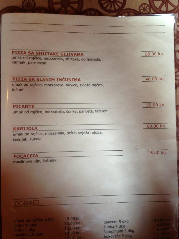 Menu at Karijola restaurant, Zagreb, Ul. Huga Badalića 18