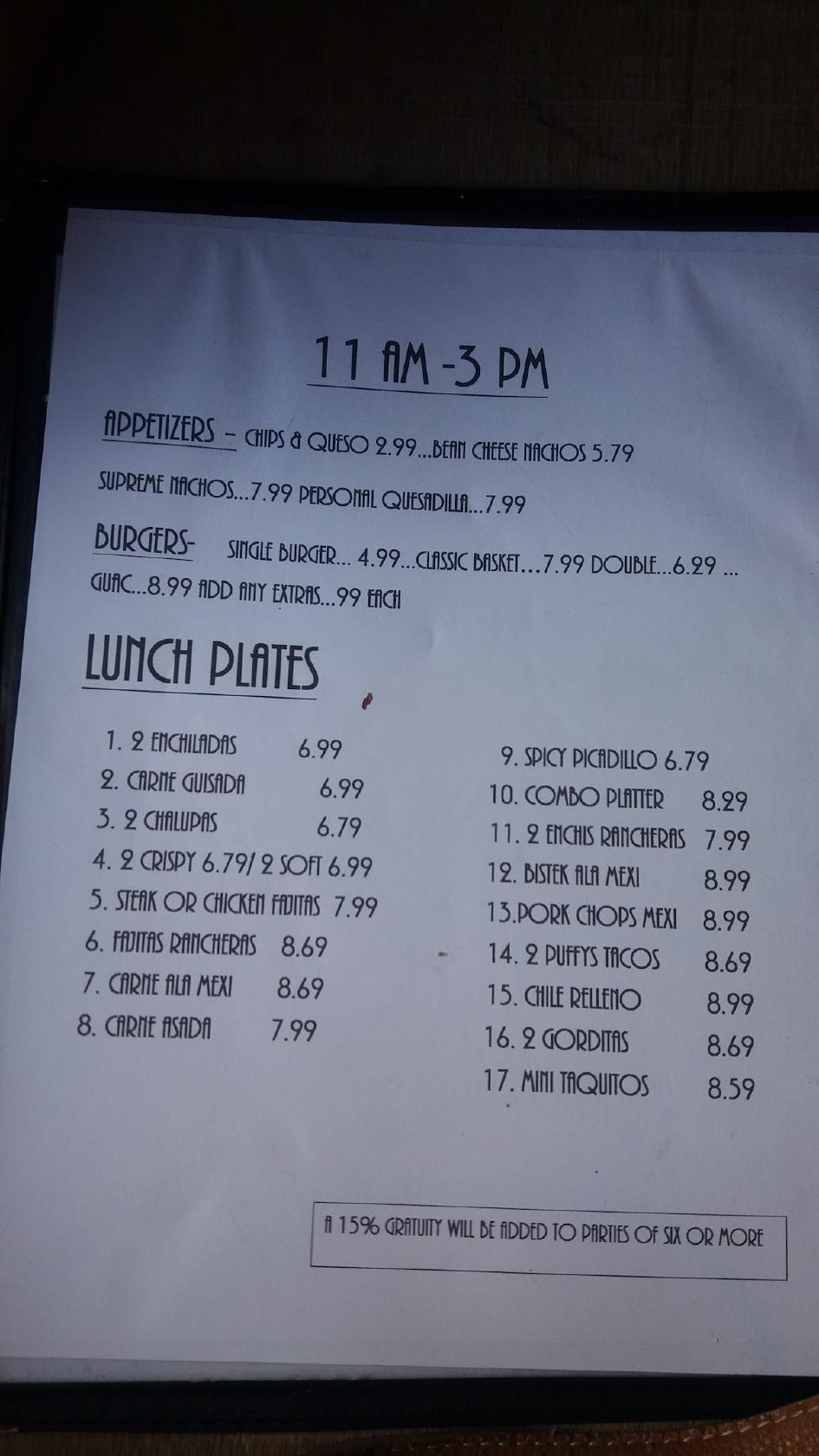 Menu at Pica Taco restaurant, McQueeney