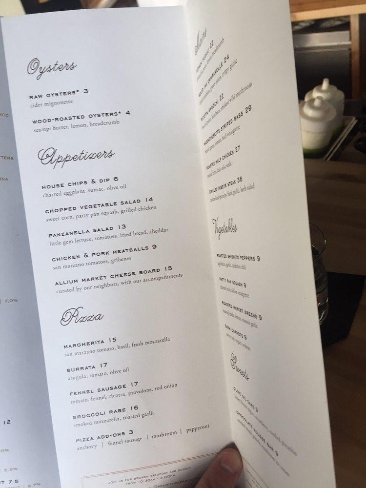 Menu at Prairie Fire pizzeria, Brookline