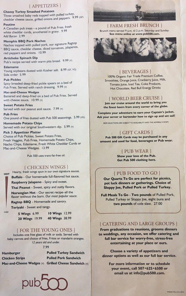 Menu at Pub 500, Mankato