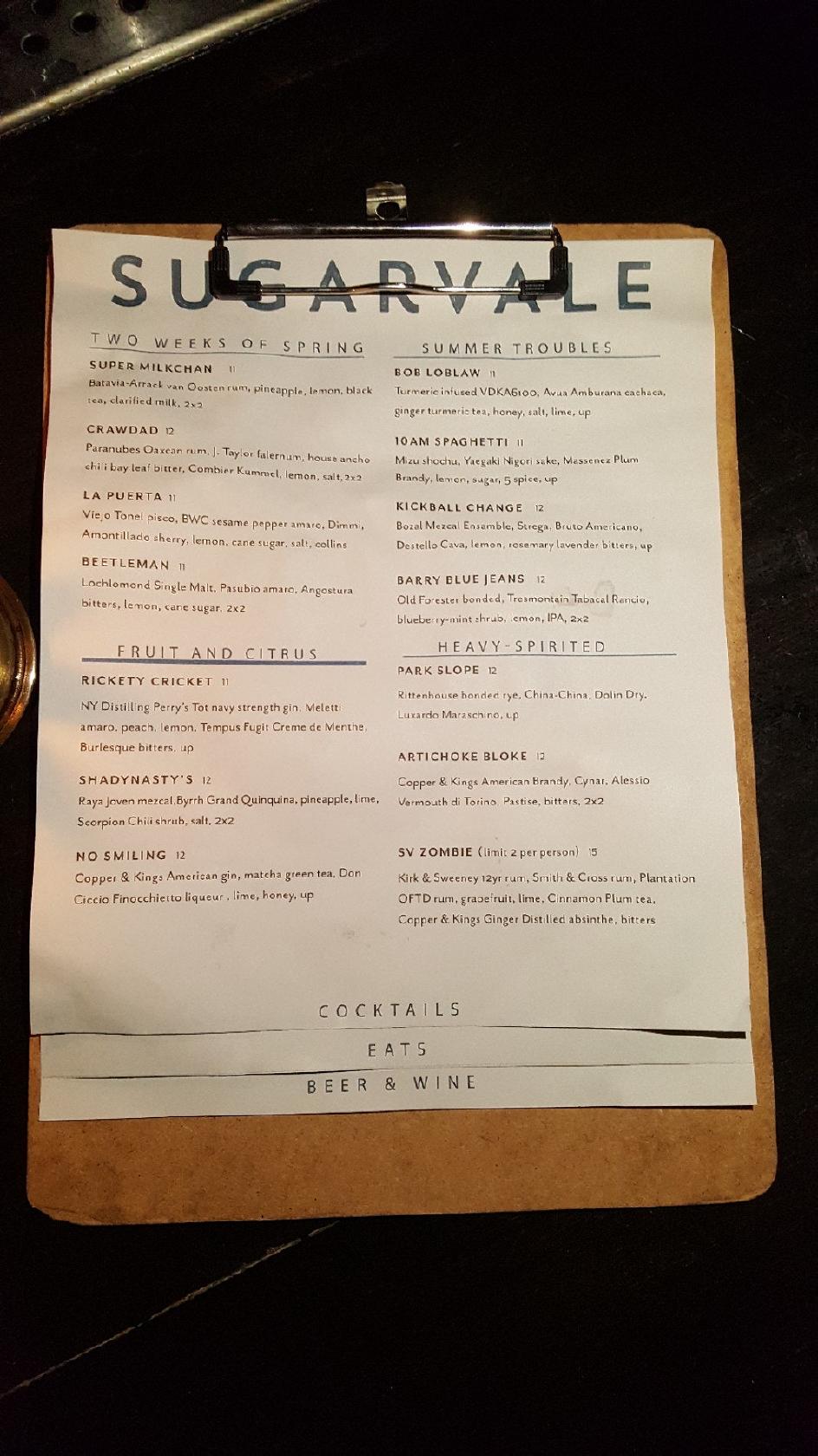 Menu at Sugarvale pub & bar, Baltimore