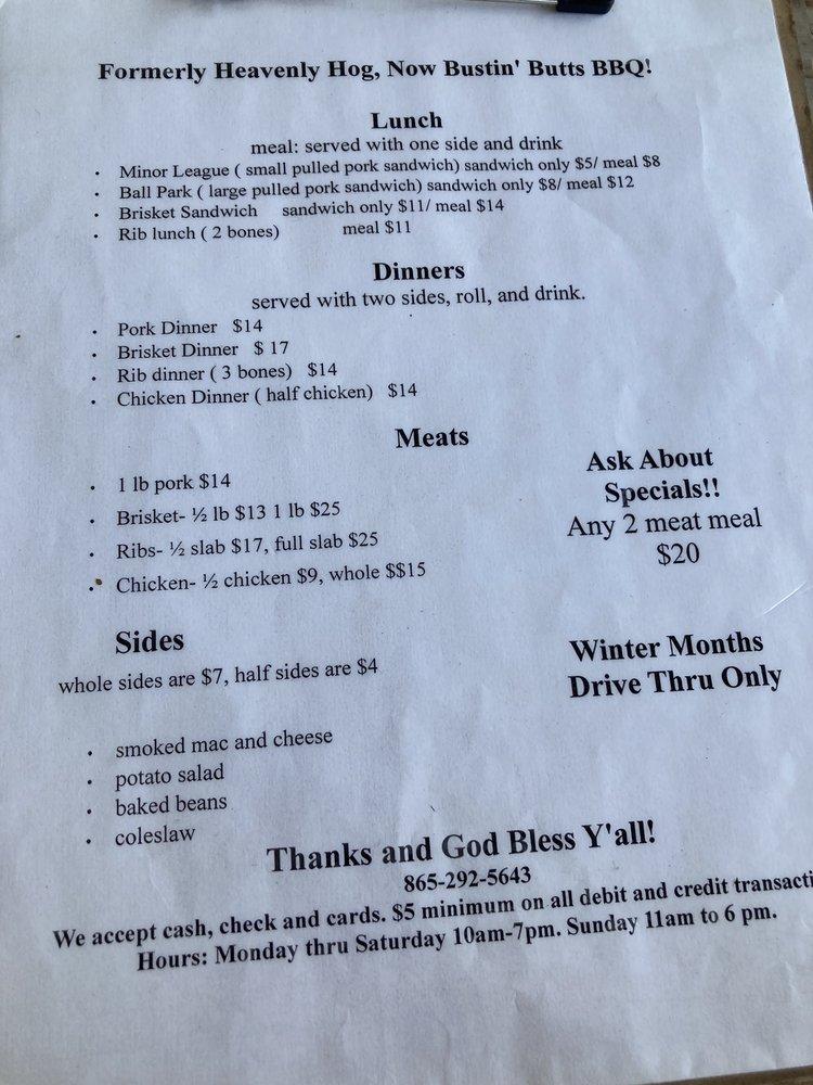 Menu at Bustin' Butts BBQ/210 Produce, Sevierville