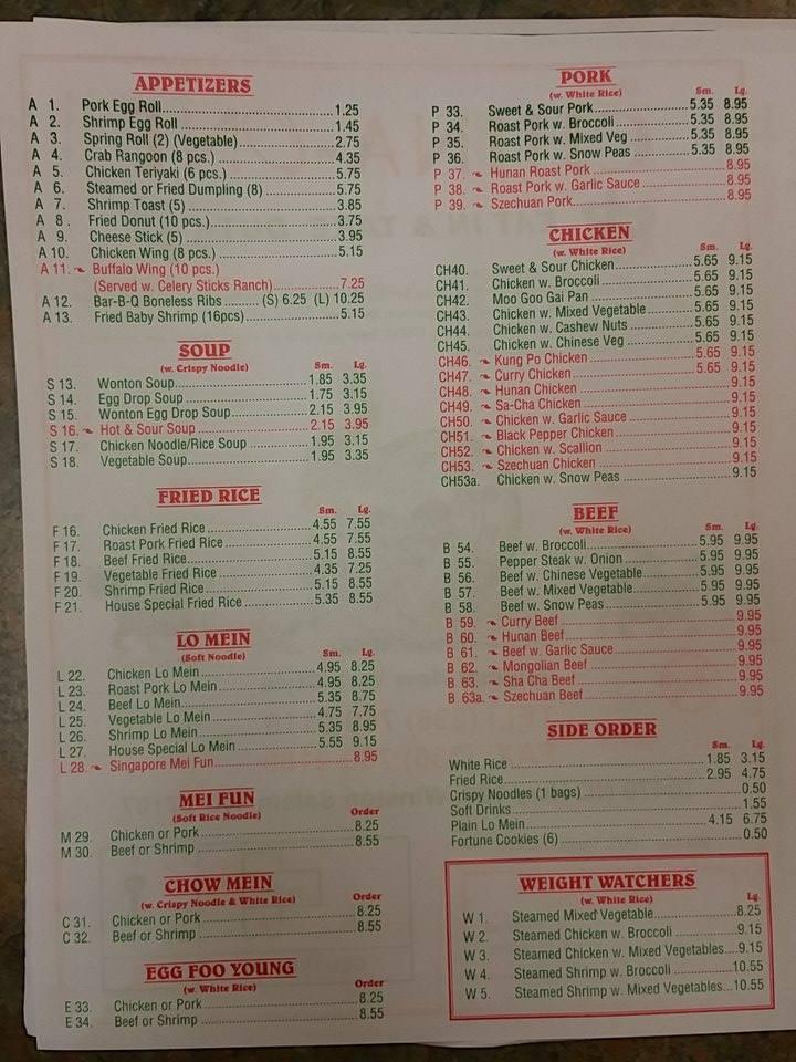 Menu at China One restaurant, Wallburg