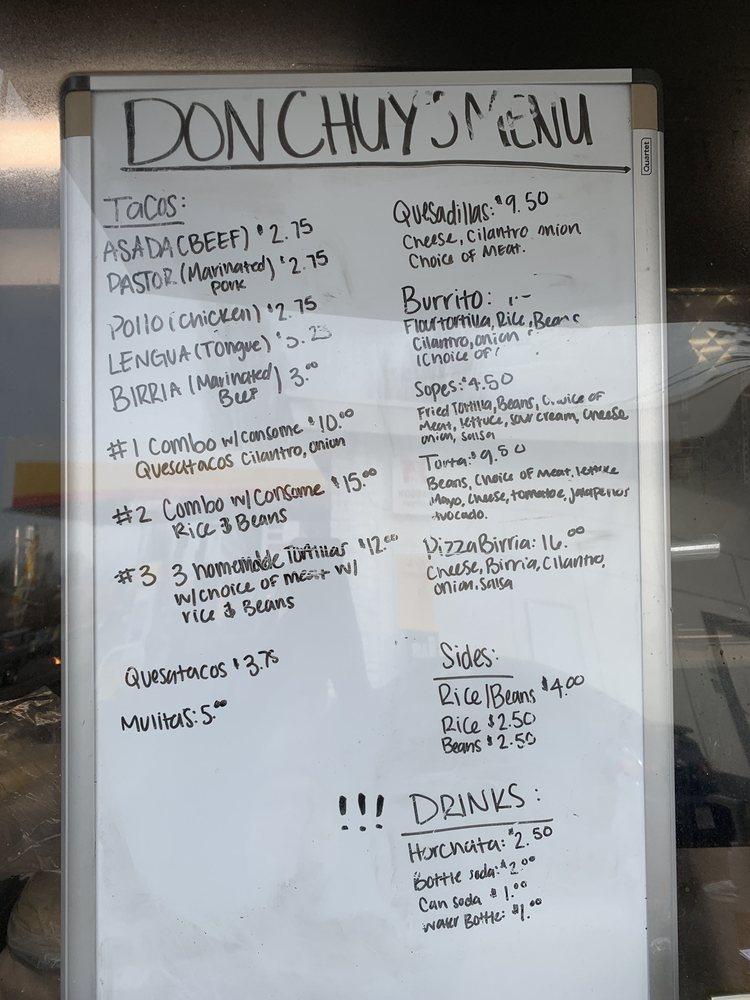 Menu at Don Chuy's Tacos restaurant, Salem