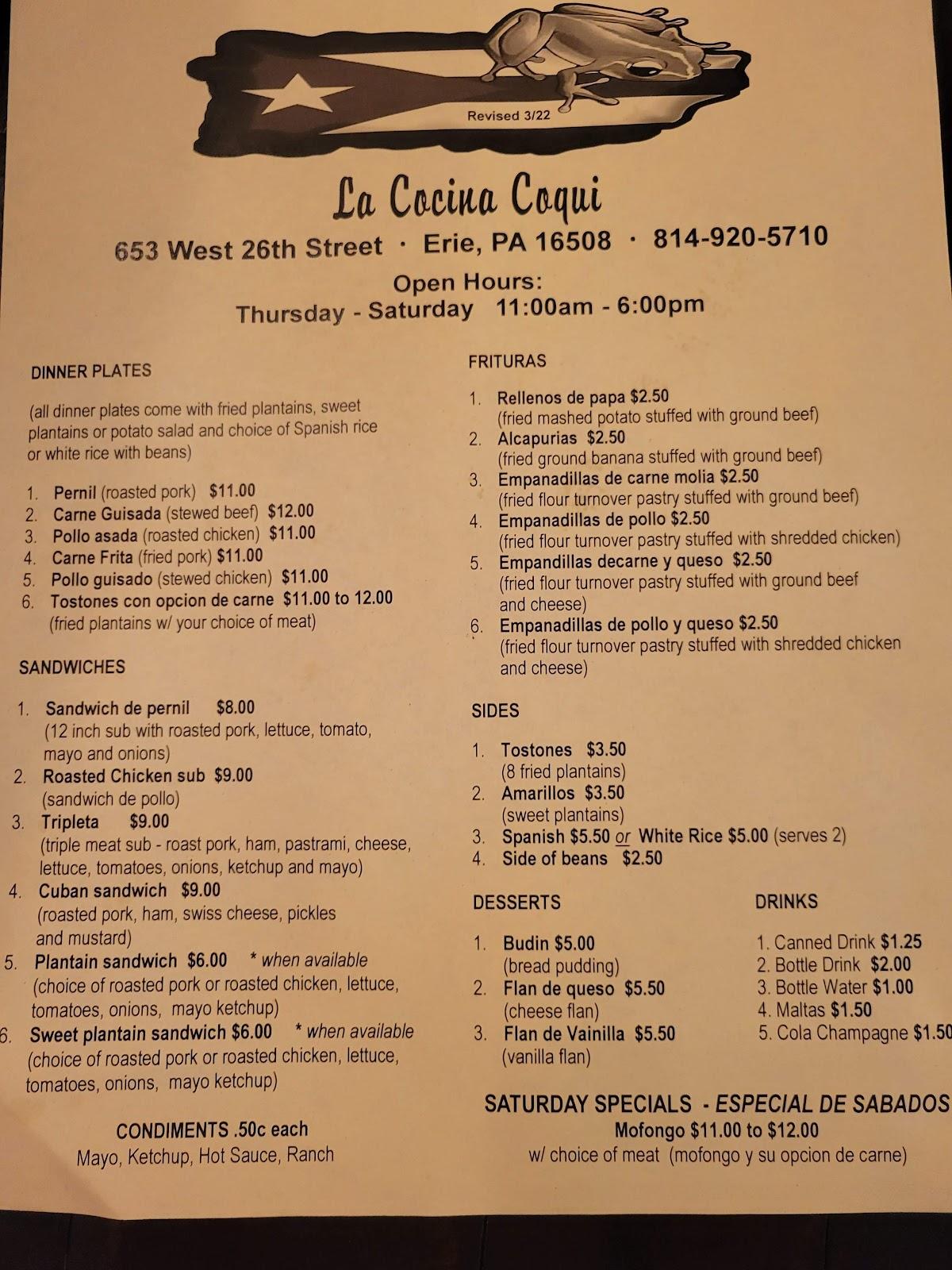Menu at La Cocina Coqui restaurant, Erie
