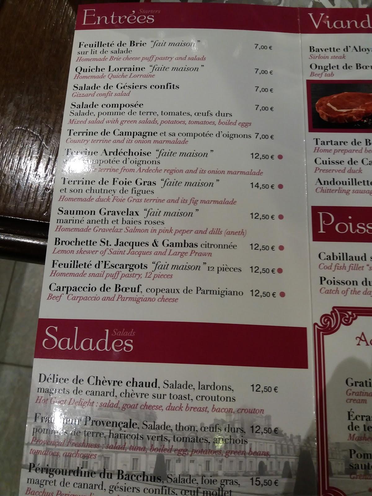 Menu at Le Bacchus restaurant, Fontainebleau