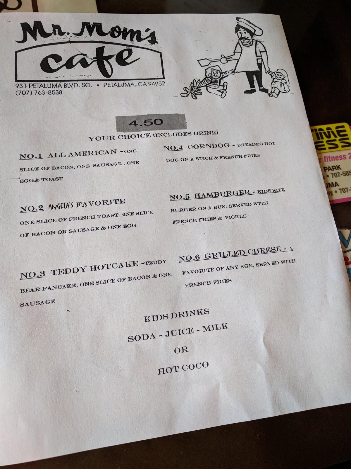 Menu at Mr. Mom's Cafe, Petaluma