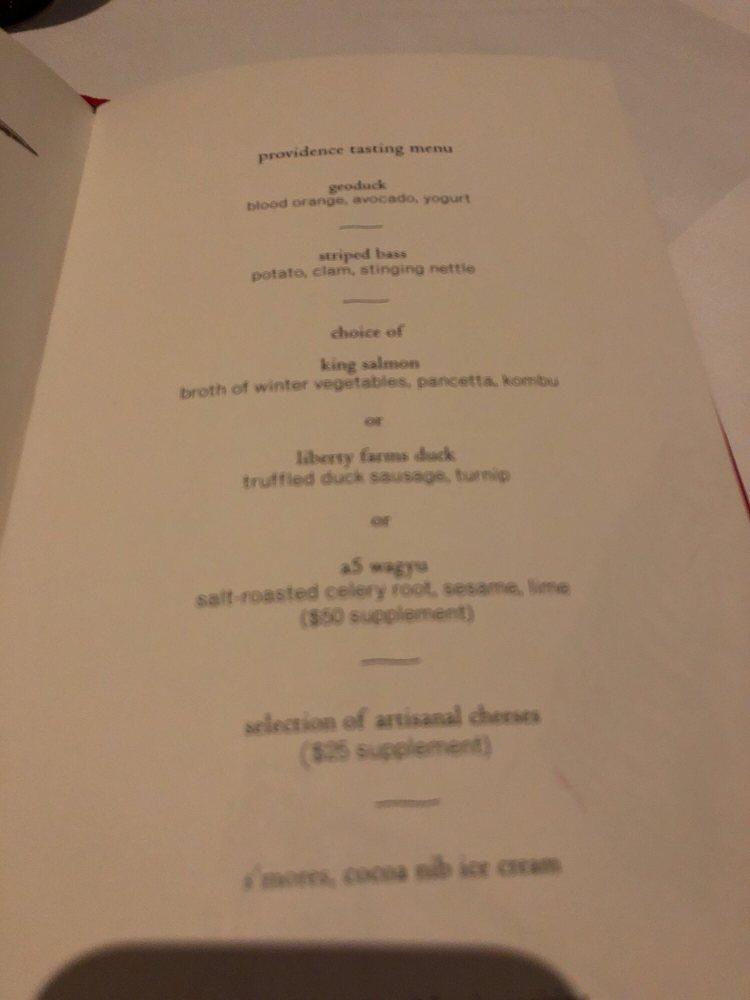 Menu at Providence restaurant, Los Angeles