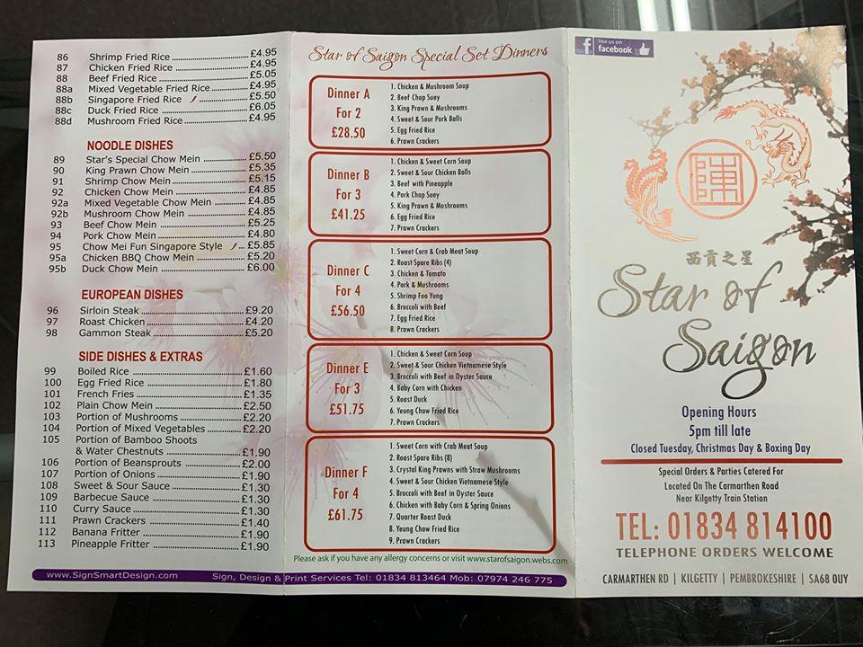 Menu at Star Of Saigon fast food, Kilgetty