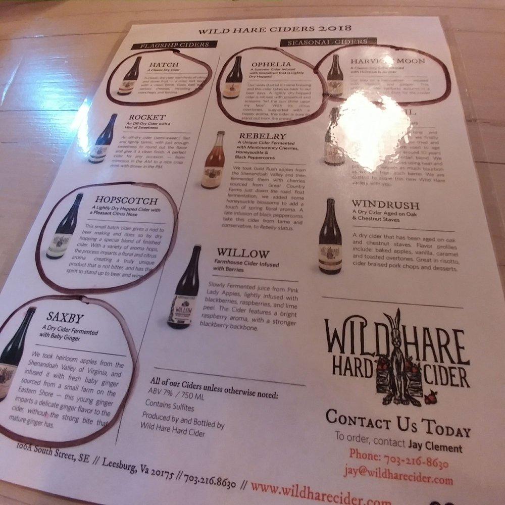 Carta del pub y bar Wild Hare Cider, Leesburg
