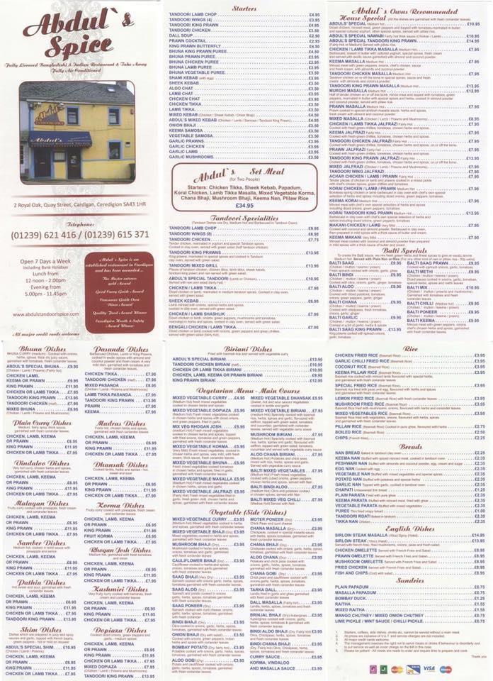 Menu at Abdul's Tandoori Spice restaurant, Aberteifi