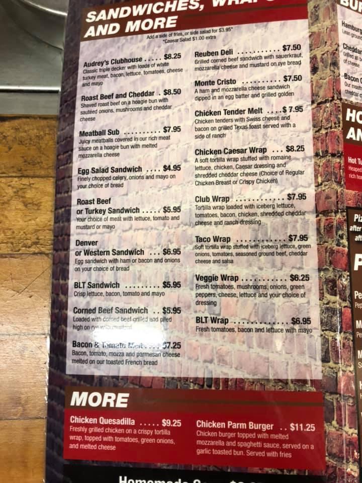 Menu at Audrey's restaurant, Manitouwadge