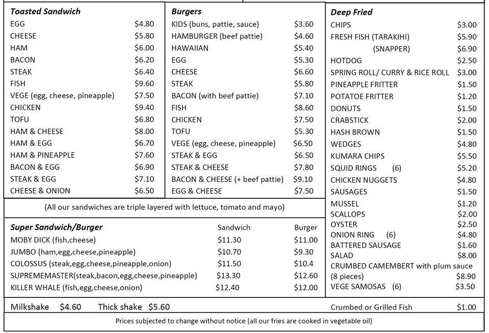 Menu at Burgermaster fast food, Auckland