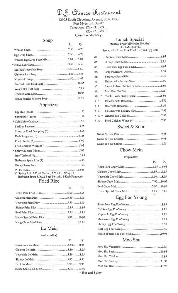 Menu at DJ Chinese Garden restaurant, Fort Myers