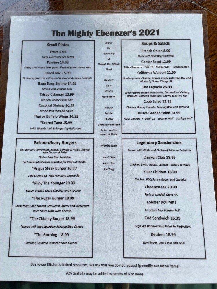 Menu at Ebenezer's Restaurant & Pub, Lovell