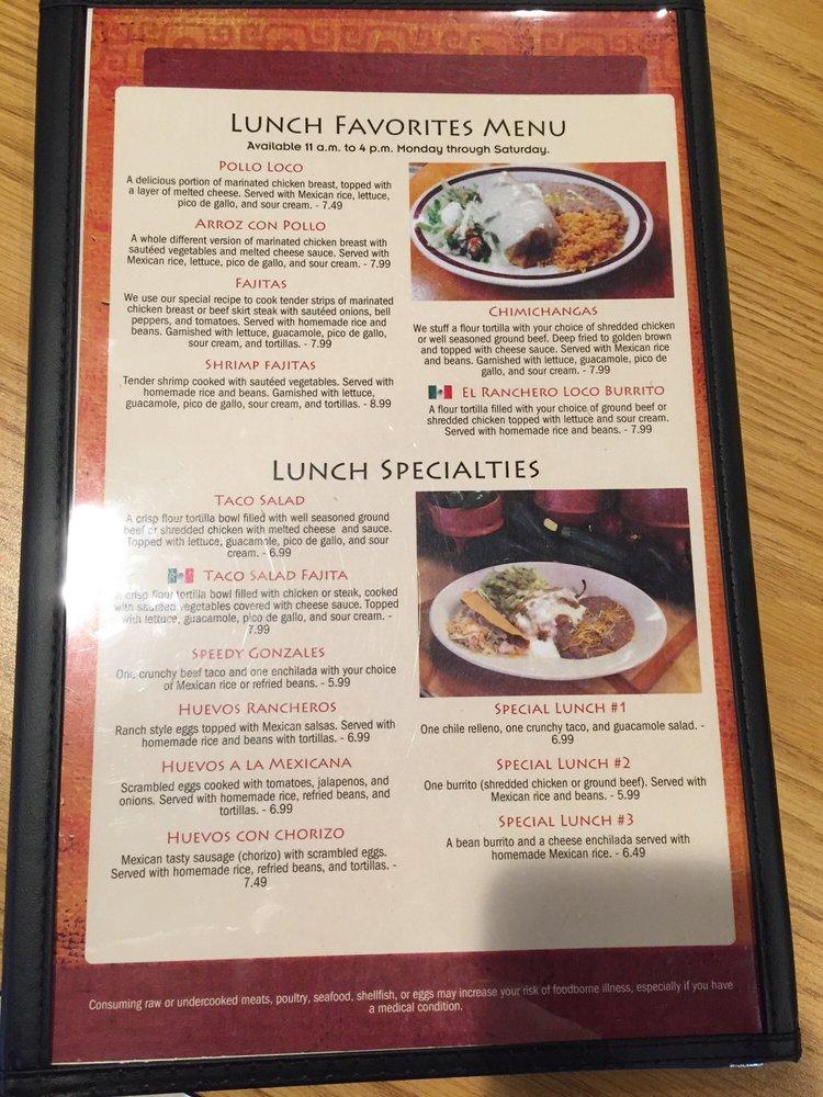 Menu at El Ranchero Loco restaurant, Pigeon Forge