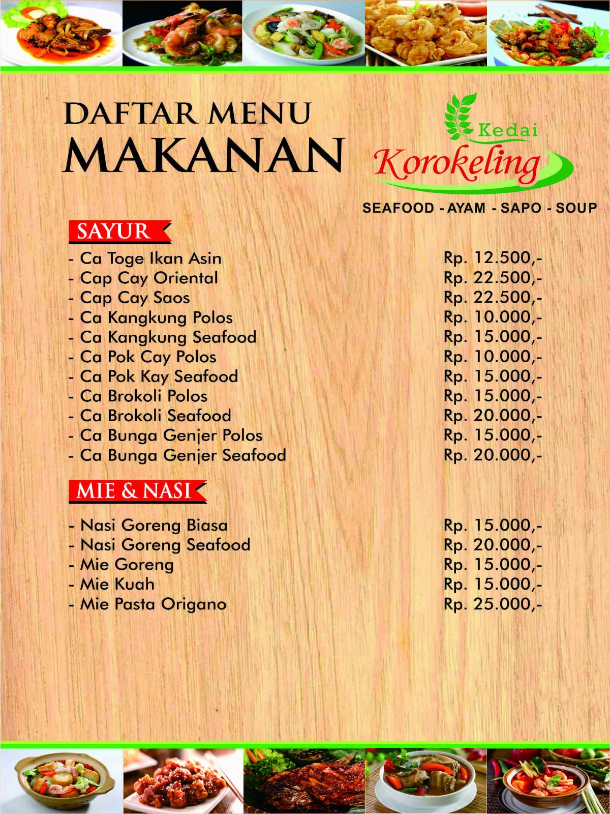 Menu at Kedai Korokeling restaurant, Semarang, Jl. Brigjen Sudiarto No.520
