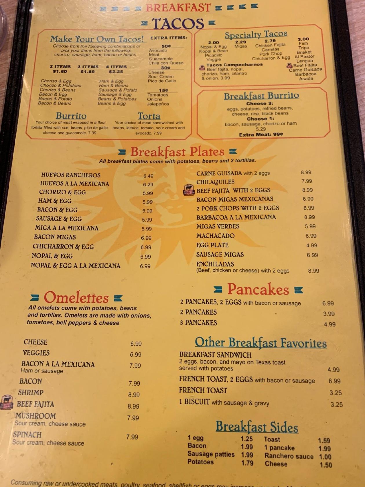 Menu at Los Vega restaurant, San Marcos