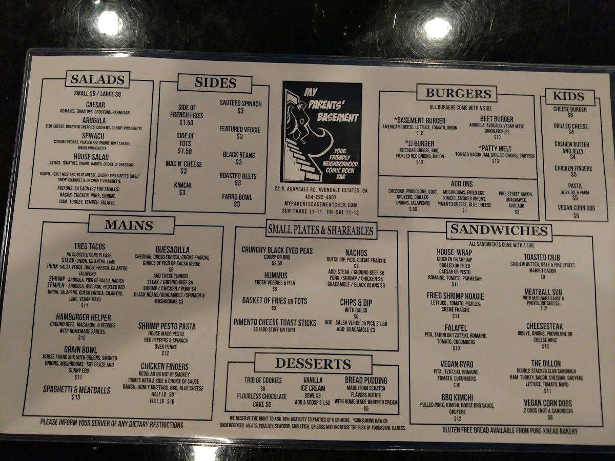 Menu at My Parents' Basement pub & bar, Avondale Estates