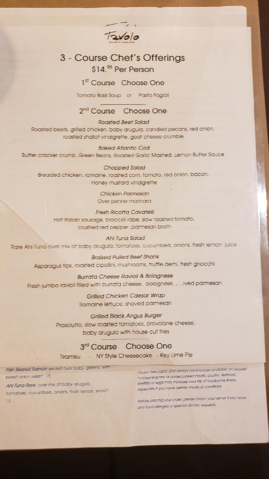 Menu at Tavolo Wine Bar & Tuscan Grille, Warwick