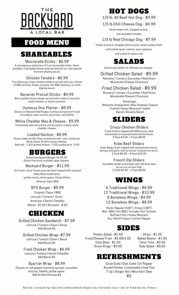 Menu at The Backyard pub & bar, Brunswick