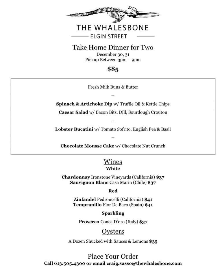 Menu at The Whalesbone Elgin Street restaurant, Ottawa, 231 Elgin St