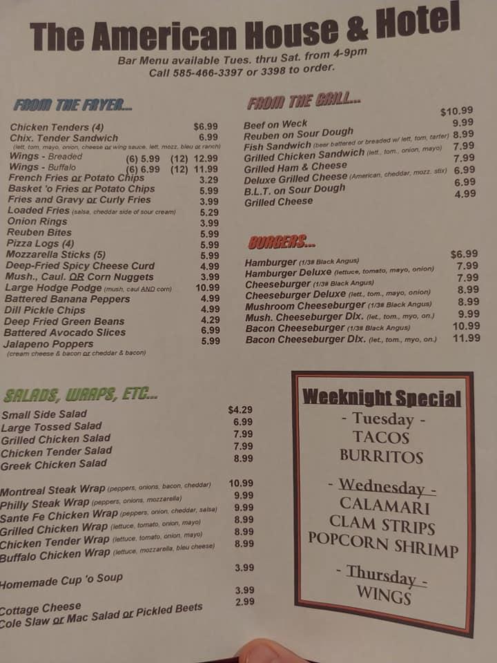 Menu at American House & Hotel restaurant, Angelica